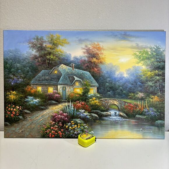 Art | C Jaffey Oil Painting On Canvas Cottage Garden Bridge Signed 36x ...
